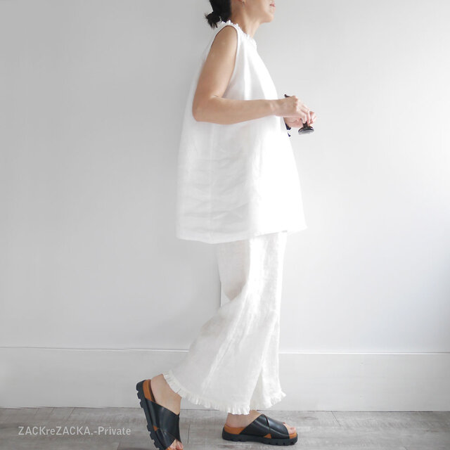 リネン100%軽やかフリンジフリル｜首もとおしゃれに涼しく華やぐ♡夏ブラウス｜ホワイト | iichi 日々の暮らしを心地よくするハンドメイドやアンティークのマーケットプレイス