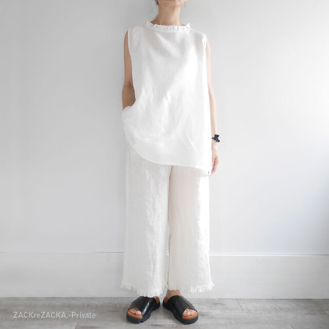 リネン100%軽やかフリンジフリル｜首もとおしゃれに涼しく華やぐ♡夏ブラウス｜ホワイト | iichi 日々の暮らしを心地よくするハンドメイドやアンティークのマーケットプレイス