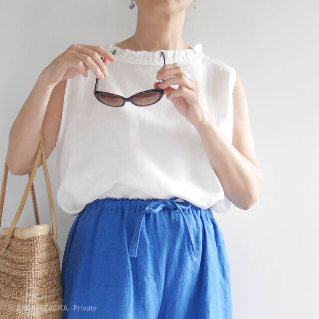 リネン100%軽やかフリンジフリル｜首もとおしゃれに涼しく華やぐ♡夏ブラウス｜ホワイト | iichi 日々の暮らしを心地よくするハンドメイドやアンティークのマーケットプレイス