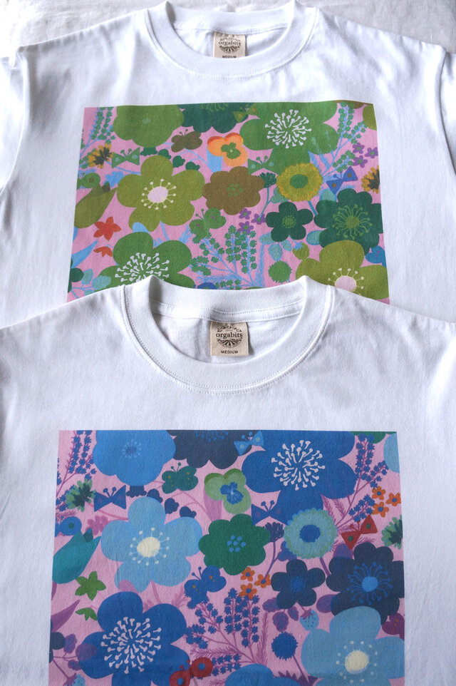 オーガニックコットン【半袖/長袖】「 happy garden（ グリーン&ピンク × ナチュラル／ホワイト ）」Tシャツ | iichi 日々の暮らしを心地よくするハンドメイドやアンティーク ...