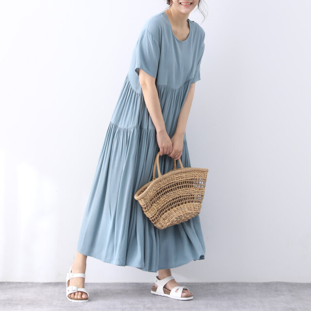 全9色 ひんやり 夏生地 半袖 ギャザーたっぷり ゆったり ロングワンピース ♪オーダーサイズ可 | iichi 日々の暮らしを心地よくするハンドメイドやアンティークのマーケットプレイス