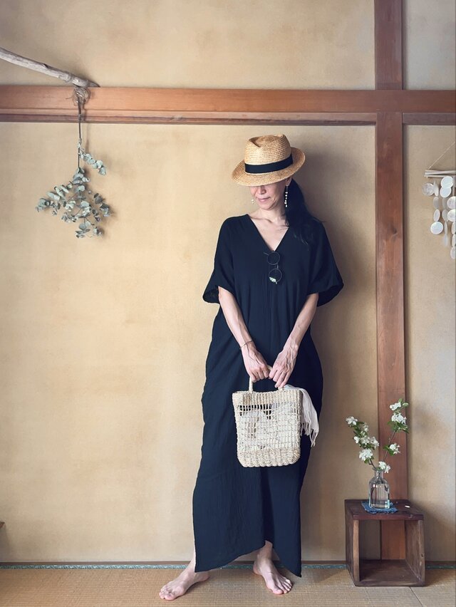 Double Gauze Tao Kaftan in Black/ダブルガーゼカフタン ブラック | iichi 日々の暮らしを心地よくするハンドメイドやアンティークのマーケットプレイス