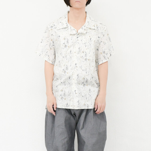 送料無料【完全一点物】半袖オープンカラーシャツ(ホワイトフラワー) | iichi 日々の暮らしを心地よくするハンドメイドやアンティークのマーケットプレイス