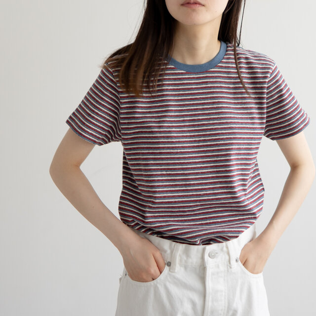 FRECKLE/マルチボーダー summer tee/smokeblue×bordeaux/size2 | iichi 日々の暮らしを心地よくするハンドメイドやアンティークのマーケットプレイス