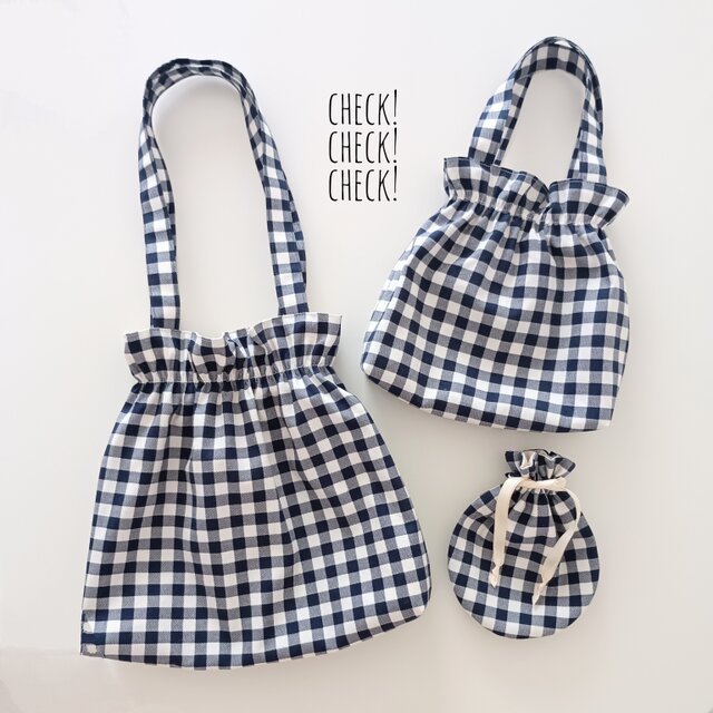 巾着風ミニバッグ ギンガムチェック ネイビー×ホワイト | iichi 日々の暮らしを心地よくするハンドメイドやアンティークのマーケットプレイス