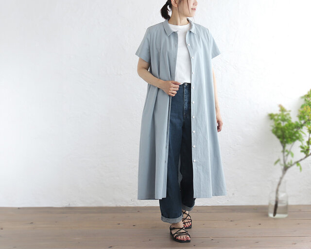 羽織にもなるリネン混シャツワンピース（遠州織物/ブルーグレー） OP08 | iichi 日々の暮らしを心地よくするハンドメイドやアンティークのマーケットプレイス