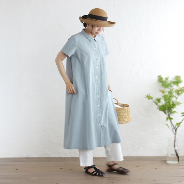 羽織にもなるリネン混シャツワンピース（遠州織物/ブルーグレー） OP08 | iichi 日々の暮らしを心地よくするハンドメイドやアンティークのマーケットプレイス