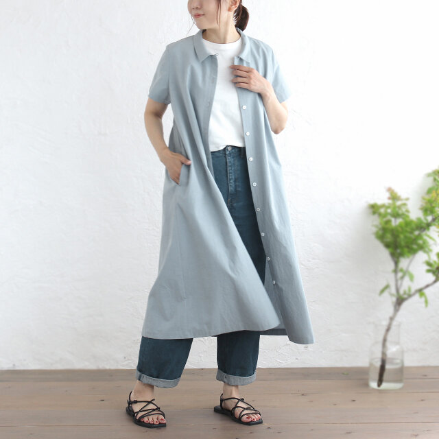 羽織にもなるリネン混シャツワンピース（遠州織物/ブルーグレー） OP08 | iichi 日々の暮らしを心地よくするハンドメイドやアンティークのマーケットプレイス