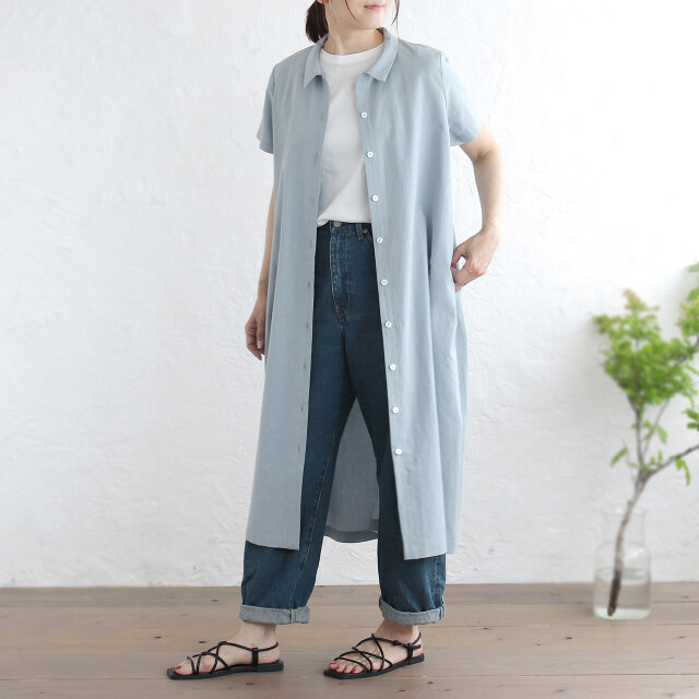 羽織にもなるリネン混シャツワンピース（遠州織物/ブルーグレー） OP08 | iichi 日々の暮らしを心地よくするハンドメイドやアンティークのマーケットプレイス