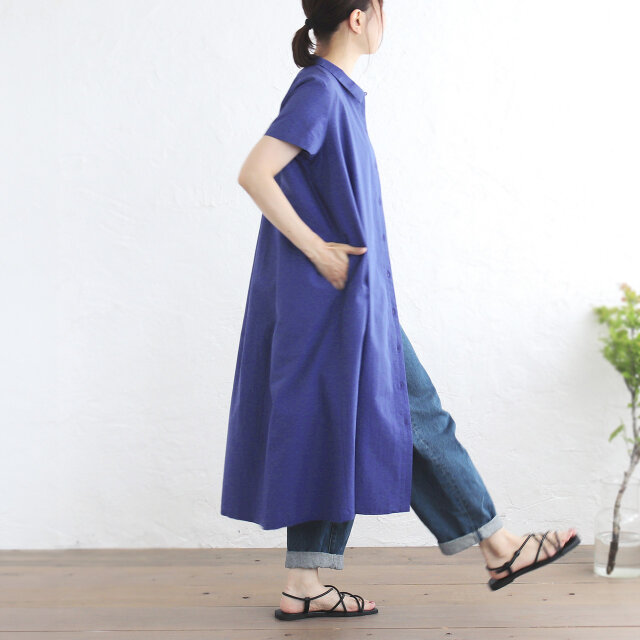 羽織にもなるリネン混シャツワンピース（遠州織物/ロイヤルブルー） OP08 | iichi 日々の暮らしを心地よくするハンドメイドやアンティークのマーケットプレイス