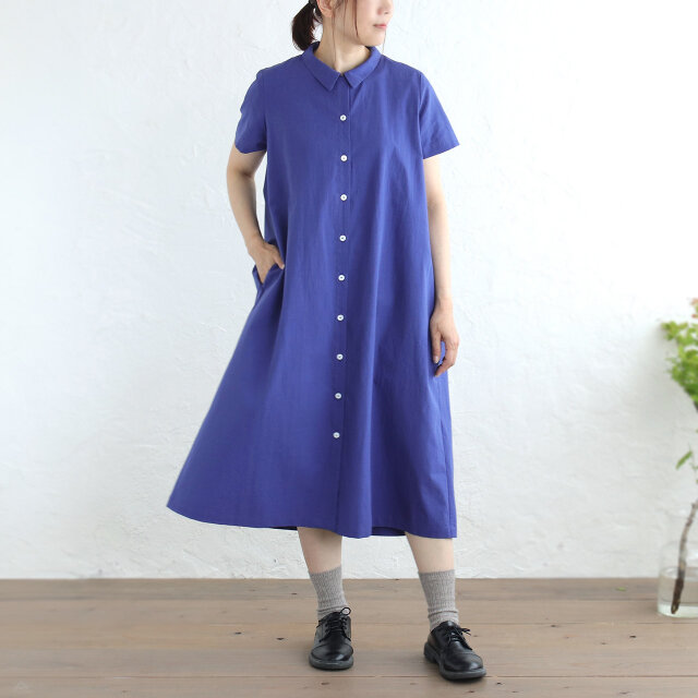 羽織にもなるリネン混シャツワンピース（遠州織物/ロイヤルブルー） OP08 | iichi 日々の暮らしを心地よくするハンドメイドやアンティークのマーケットプレイス