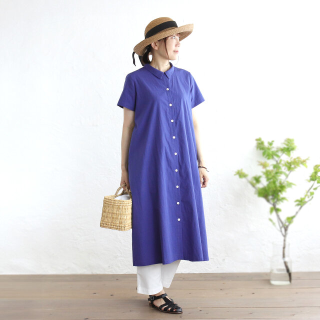 羽織にもなるリネン混シャツワンピース（遠州織物/ロイヤルブルー） OP08 | iichi 日々の暮らしを心地よくするハンドメイドやアンティークのマーケットプレイス