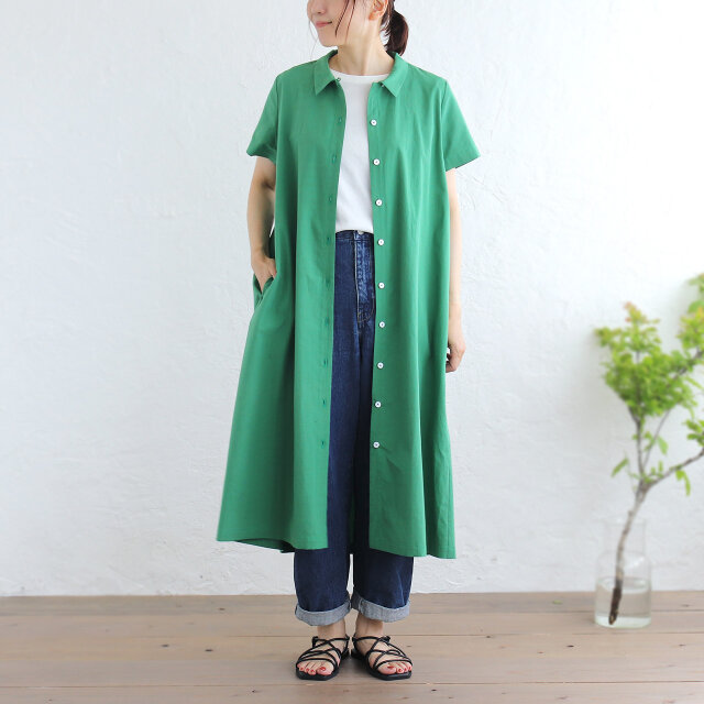 羽織にもなるリネン混シャツワンピース（遠州織物/グリーン） OP08 | iichi 日々の暮らしを心地よくするハンドメイドやアンティークのマーケットプレイス