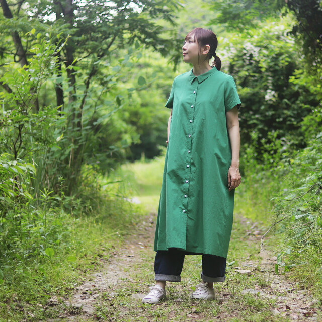 羽織にもなるリネン混シャツワンピース（遠州織物/グリーン） OP08 | iichi 日々の暮らしを心地よくするハンドメイドやアンティークのマーケットプレイス