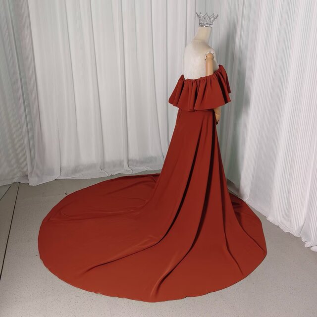 人気上昇！パーティードレス テラコッタ色 オフショルダー ロングトレーン 編み上げ 前撮り | iichi 日々の暮らしを心地よくするハンドメイドやアンティークのマーケットプレイス