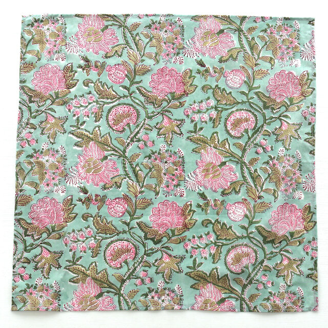 木版染め ブロックプリント 大判ハンカチ（ボタニカル/グリーン）24 | iichi 日々の暮らしを心地よくするハンドメイドやアンティークのマーケットプレイス