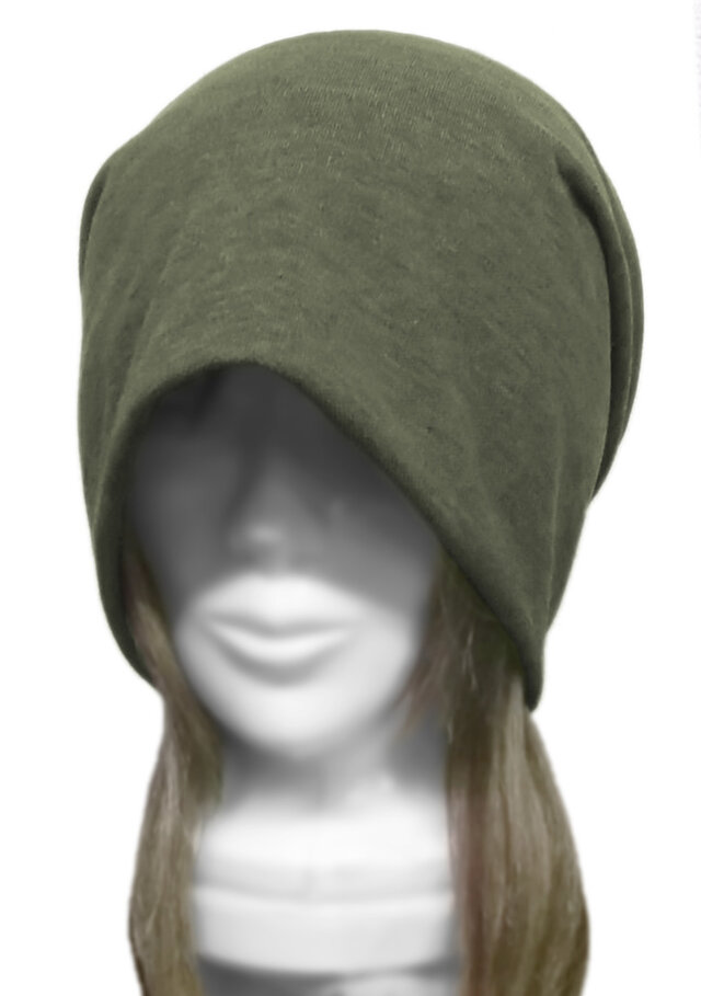 ロングルーズワッチキャップ 鹿の子織コットンニット／杢オリーブ ゆったりサイズ・小顔効果・オールシーズン着用 | iichi 日々の暮らしを心地よくするハンドメイドやアンティークのマーケットプレイス