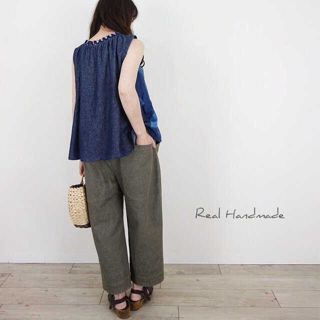 3WAY裾とリネンフラワー・オリーブデニムサルエル風パンツ | iichi 日々の暮らしを心地よくするハンドメイドやアンティークのマーケットプレイス