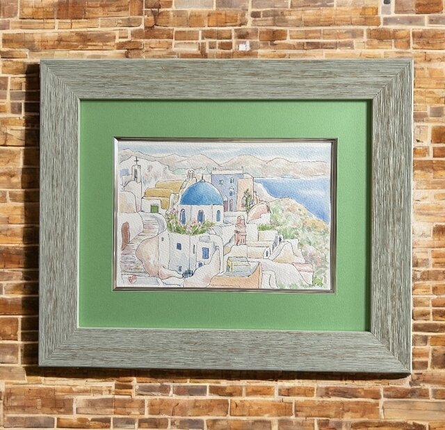 エーゲ海の宝石(ギリシャ、サントリーニ島、水彩画、原画、額付き) | iichi 日々の暮らしを心地よくするハンドメイドやアンティークのマーケットプレイス