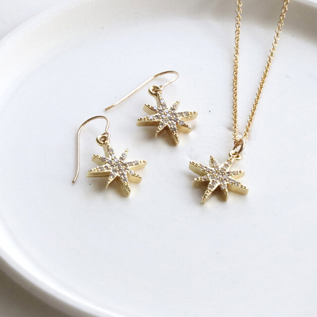 夜空に輝く、一番星 ピアス(イヤリング)&ネックレス セット 14Kgf アレルギー対応 | iichi 日々の暮らしを心地よくするハンドメイドやアンティークのマーケットプレイス