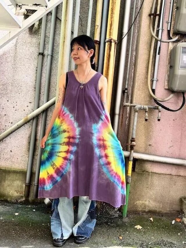 タイダイ ノースリーブワンピース パープルブラウン HD24-40 | iichi 日々の暮らしを心地よくするハンドメイドやアンティークのマーケットプレイス