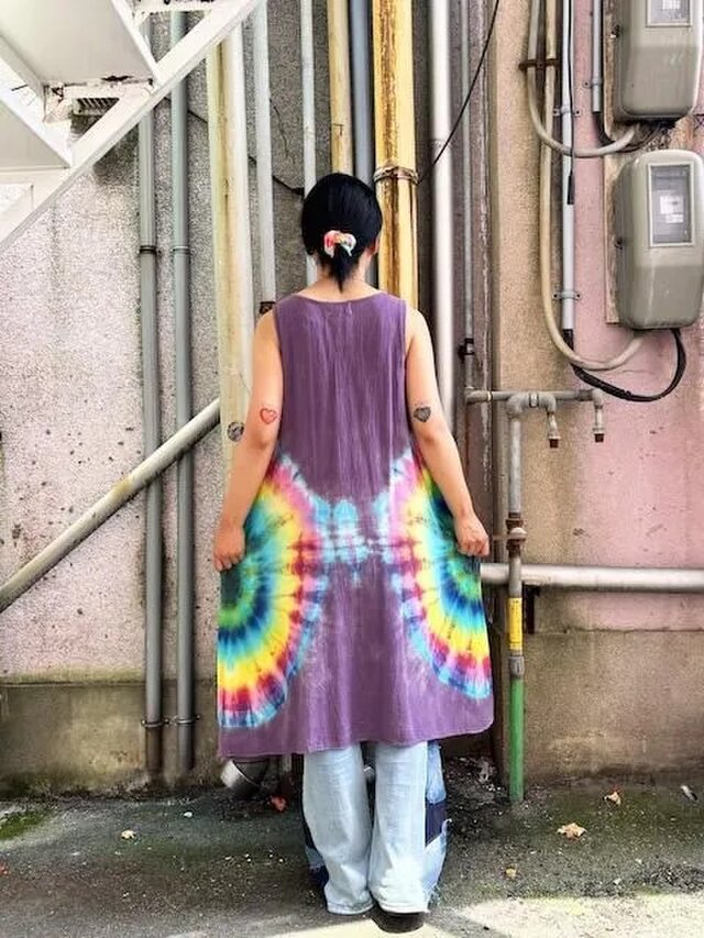 タイダイ ノースリーブワンピース パープルブラウン HD24-40 | iichi 日々の暮らしを心地よくするハンドメイドやアンティークのマーケットプレイス