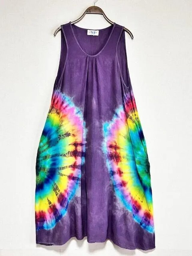 タイダイ ノースリーブワンピース パープルブラウン HD24-40 | iichi 日々の暮らしを心地よくするハンドメイドやアンティークのマーケットプレイス