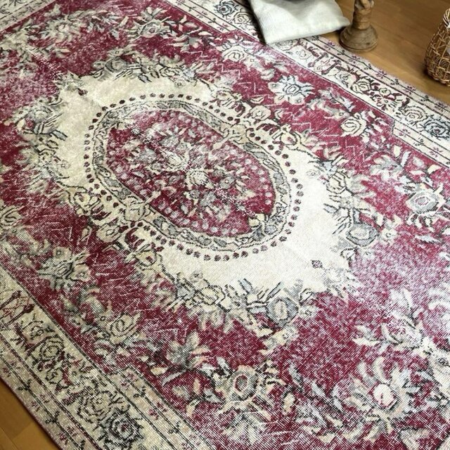 超大判168×290 メダリオン くすみレッド ボタニカルトルコヴィンテージラグ | iichi 日々の暮らしを心地よくするハンドメイドやアンティークのマーケットプレイス