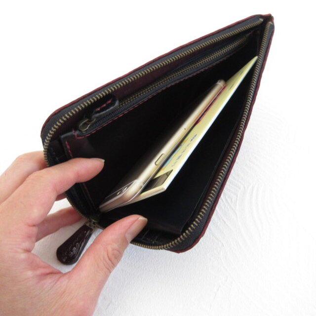 《牛革》L字ファスナー・ロングウォレット・ダークワイン・コーティングシュリンクレザー・016 | iichi 日々の暮らしを心地よくするハンドメイドやアンティークのマーケットプレイス