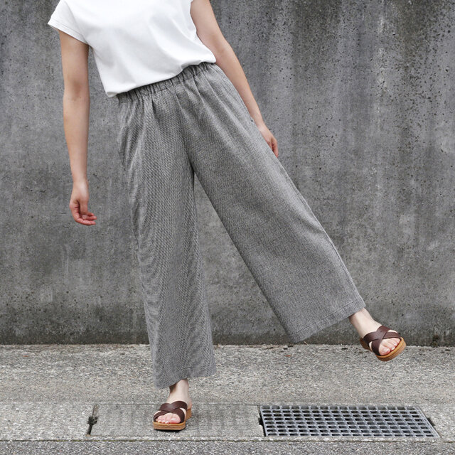 【即納】播州織 綿麻 ワイドイージーパンツ（千鳥格子）リネン 白 黒 ポケット チェック | iichi 日々の暮らしを心地よくするハンドメイドやアンティークのマーケットプレイス