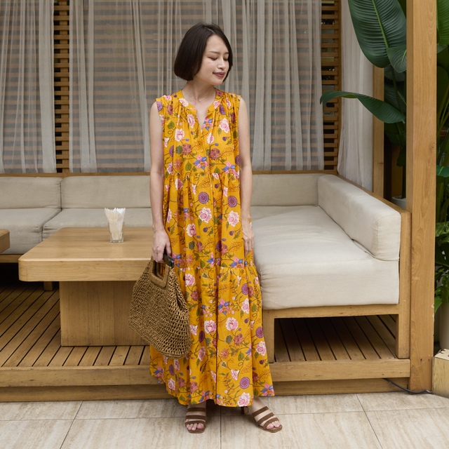 【着丈調整可能】蒸し暑い時期にサラサラしたインド綿 プリントティアードワンピース オレンジ 0736OR | iichi 日々の暮らしを心地よくするハンドメイドやアンティークのマーケットプレイス