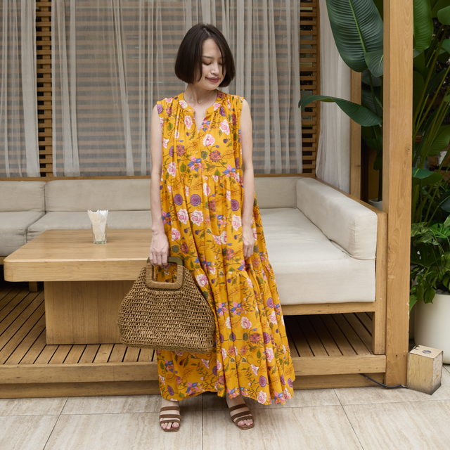 【着丈調整可能】蒸し暑い時期にサラサラしたインド綿 プリントティアードワンピース オレンジ 0736OR | iichi 日々の暮らしを心地よくするハンドメイドやアンティークのマーケットプレイス