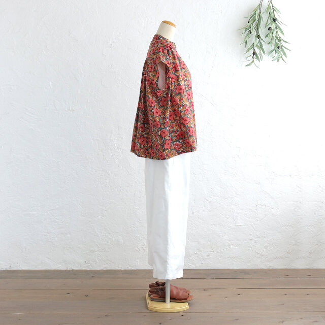 《数量限定》快適 インド綿ブロックプリント フレンチスリーブバンドカラーブラウス （オレンジ花/グリーン）TP42 | iichi 日々の暮らしを心地よくするハンドメイドやアンティークの ...