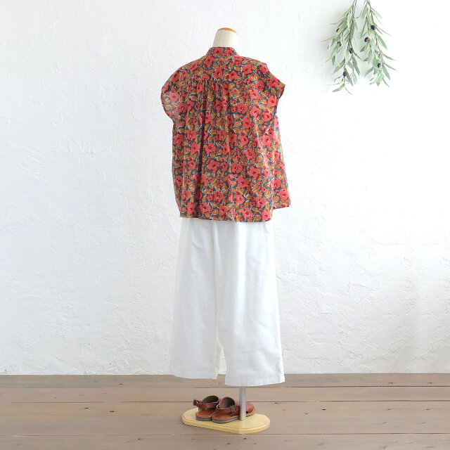 《数量限定》快適 インド綿ブロックプリント フレンチスリーブバンドカラーブラウス （オレンジ花/グリーン）TP42 | iichi 日々の暮らしを心地よくするハンドメイドやアンティークの ...