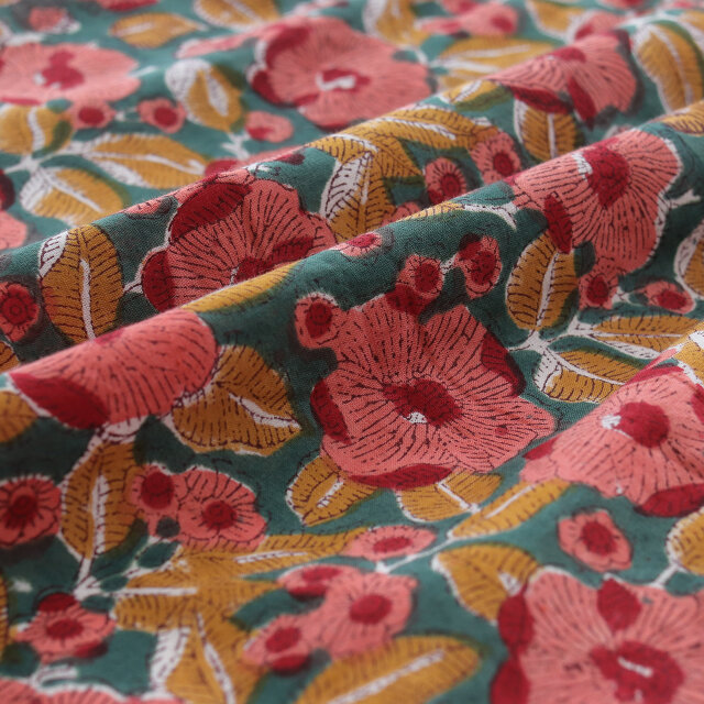 《数量限定》快適 インド綿ブロックプリント フレンチスリーブバンドカラーブラウス （オレンジ花/グリーン）TP42 | iichi 日々の暮らしを心地よくするハンドメイドやアンティークの ...