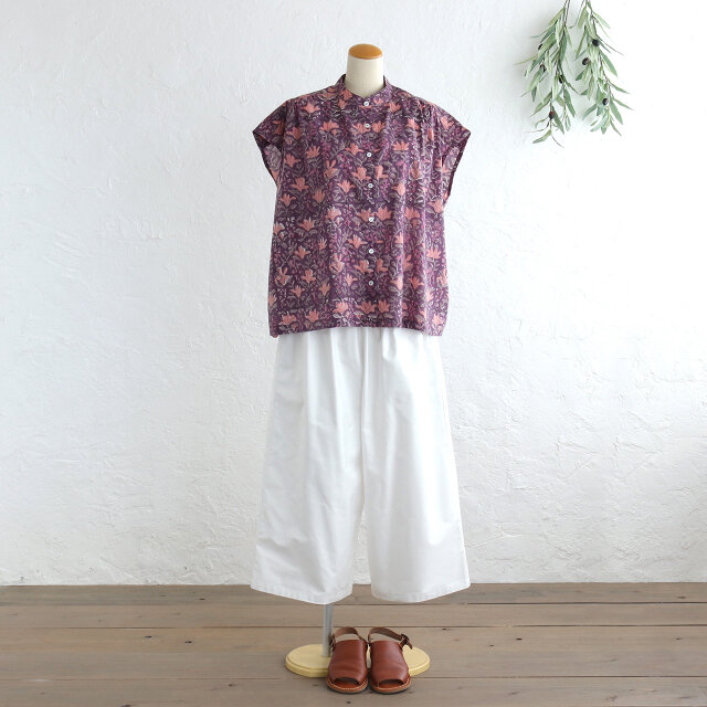 《数量限定》快適 インド綿ブロックプリント フレンチスリーブバンドカラーブラウス （ピンク花/パープル）TP42 | iichi 日々の暮らしを心地よくするハンドメイドやアンティークの ...