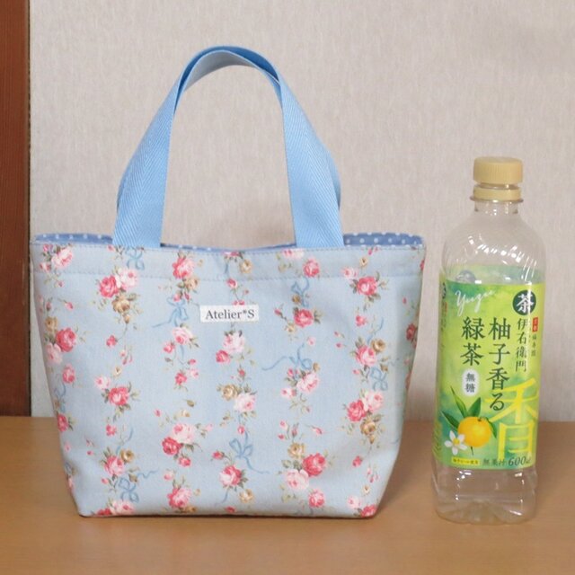 ミニトートバッグ★ローズ柄ストライプ（薄ブルー） | iichi 日々の暮らしを心地よくするハンドメイドやアンティークのマーケットプレイス