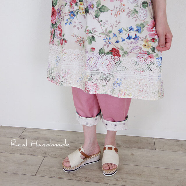 チェリーピンクのボタニカルガーデン・リネン3WAYサルエル風パンツ | iichi 日々の暮らしを心地よくするハンドメイドやアンティークのマーケットプレイス