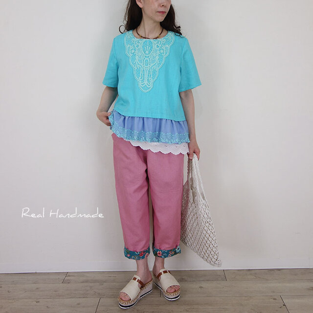 チェリーピンクのボタニカルガーデン・リネン3WAYサルエル風パンツ | iichi 日々の暮らしを心地よくするハンドメイドやアンティークのマーケットプレイス