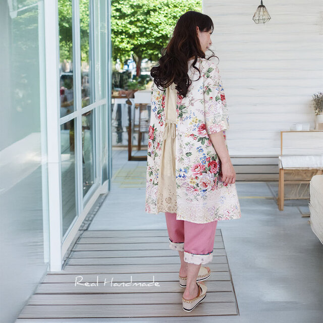 チェリーピンクのボタニカルガーデン・リネン3WAYサルエル風パンツ | iichi 日々の暮らしを心地よくするハンドメイドやアンティークのマーケットプレイス