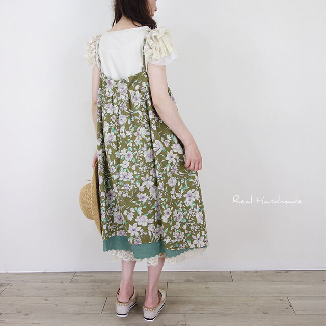 レイヤードボタニカル・グリーンスカラップのキャミワンピース | iichi 日々の暮らしを心地よくするハンドメイドやアンティークのマーケットプレイス