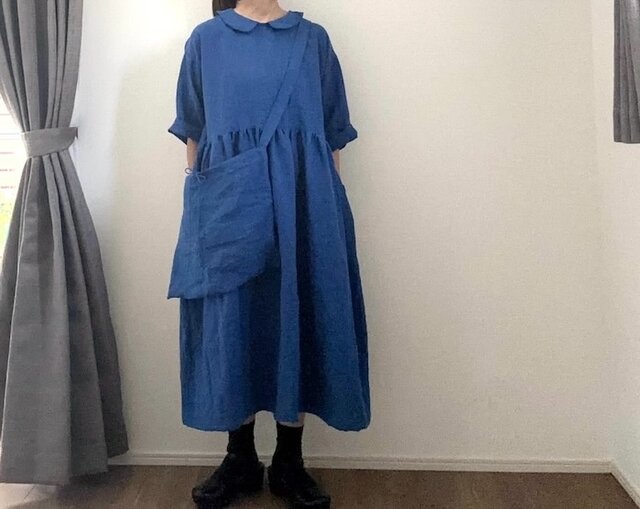 ︎リネン100%エジプシアンBlue 丸襟デザイン・七分袖ワンピース即納 //バッグset** | iichi 日々の暮らしを心地よくするハンドメイドやアンティークのマーケットプレイス
