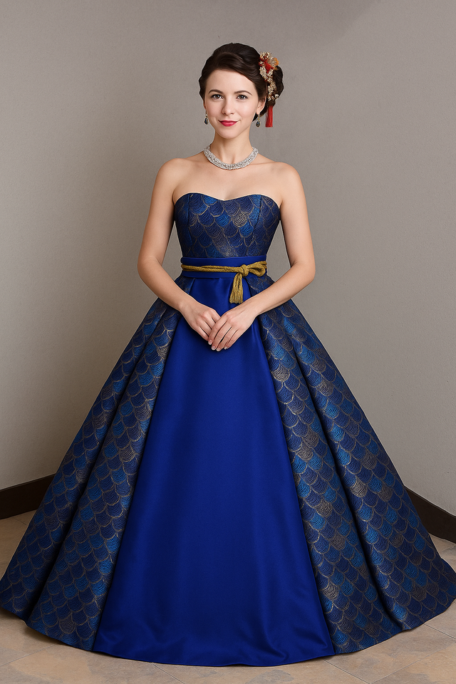 着物ドレス、和風ドレス ネイビー 編み上げ フリルドレス ビスチェドレス アンティーク色 結婚式 | iichi 日々の暮らしを心地よくするハンドメイドやアンティークのマーケットプレイス