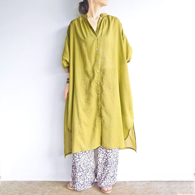 シフォン7分袖シャツワンピース（オレンジ） | iichi 日々の暮らしを心地よくするハンドメイドやアンティークのマーケットプレイス