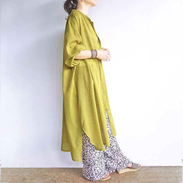 シフォン7分袖シャツワンピース（ピスタチオ） | iichi 日々の暮らしを心地よくするハンドメイドやアンティークのマーケットプレイス