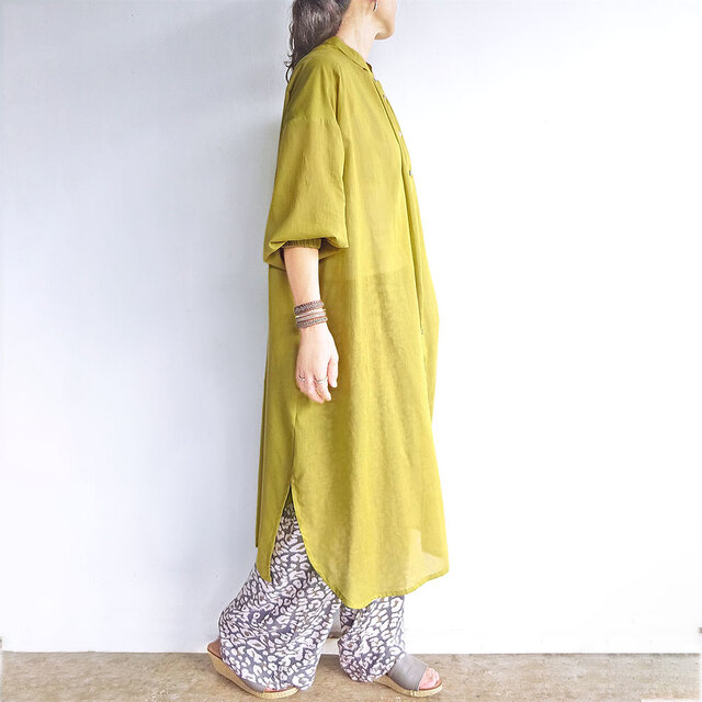 シフォン7分袖シャツワンピース（ピスタチオ） | iichi 日々の暮らしを心地よくするハンドメイドやアンティークのマーケットプレイス