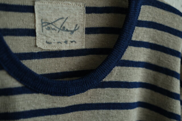 リネンニットボーダー半袖プルオーバー（生成×ネイビー）｜メンズフリーサイズ | iichi 日々の暮らしを心地よくするハンドメイドやアンティークのマーケットプレイス