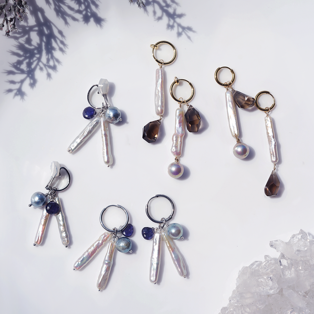 あこや真珠とアイオライトのフープピアス・イヤリング有り・サージカルステンレス ～露時雨（つゆしぐれ） | iichi 日々の暮らしを心地よくするハンドメイドやアンティークのマーケットプレイス