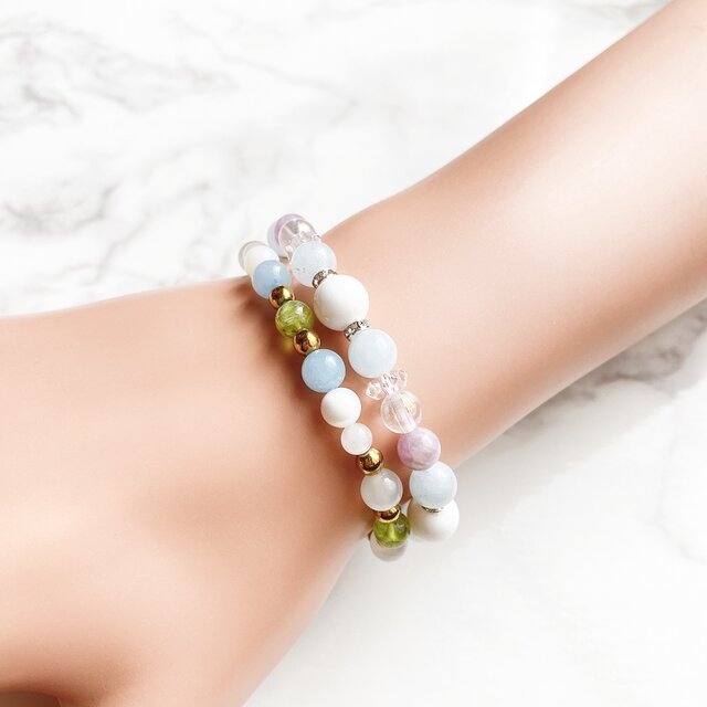 【再販6点以上】妊活・幸せな結婚生活へ導く ペリドット・マザーオブパール・アクアマリン 天然石ブレスレット No312 | iichi 日々の暮らしを心地よくするハンドメイドやアンティークの ...