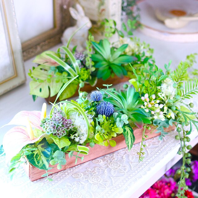 癒しのグリーンインテリア 木箱アレンジ♪壁掛け/置き型2way | iichi 日々の暮らしを心地よくするハンドメイドやアンティークのマーケットプレイス